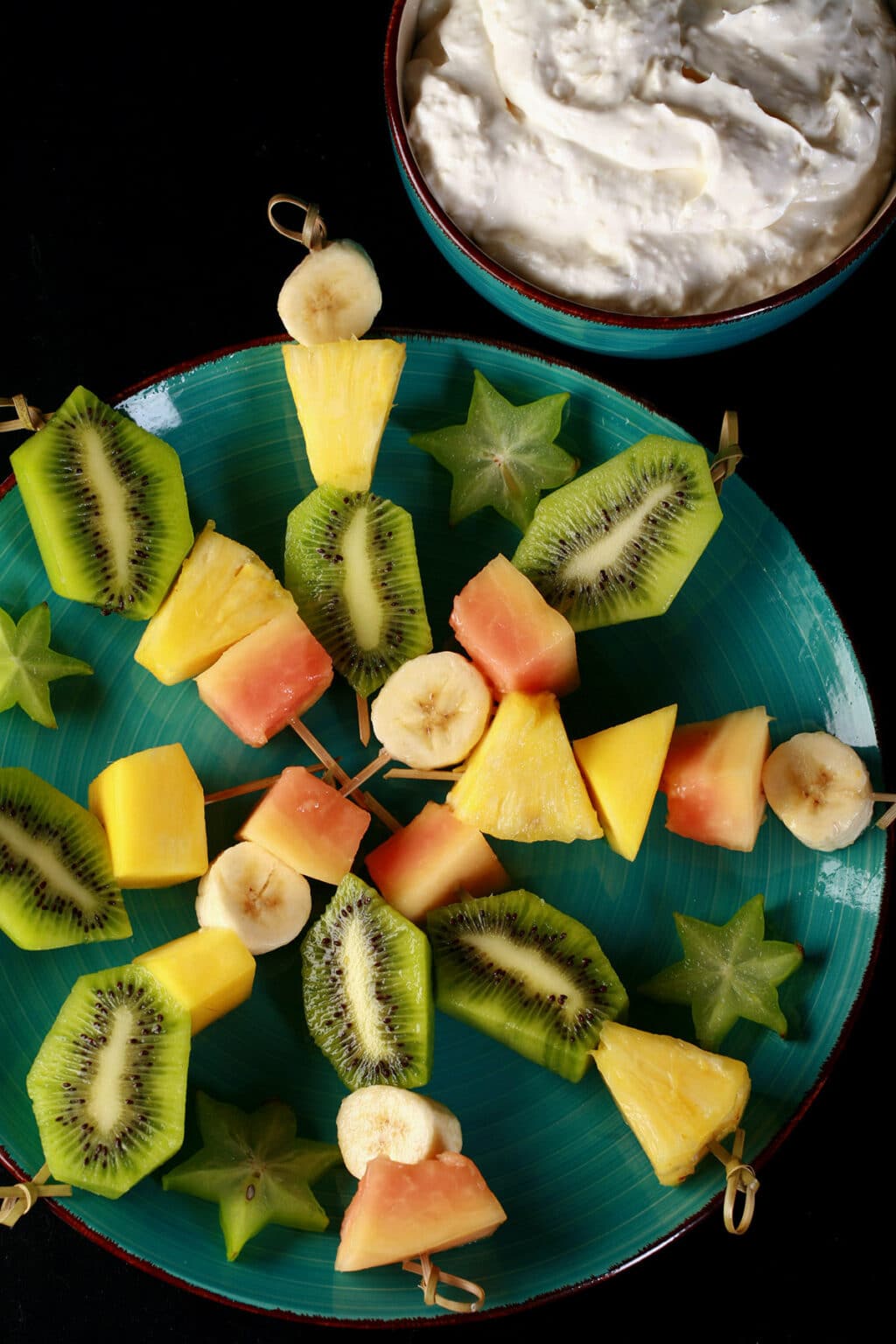 Tropical Fruit Skewers with Quick Pina Colada Dip - Beyond Flour