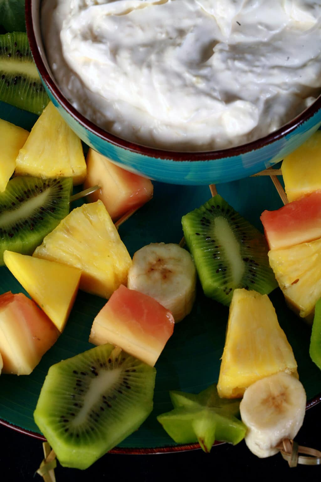 Tropical Fruit Skewers with Quick Pina Colada Dip - Beyond Flour