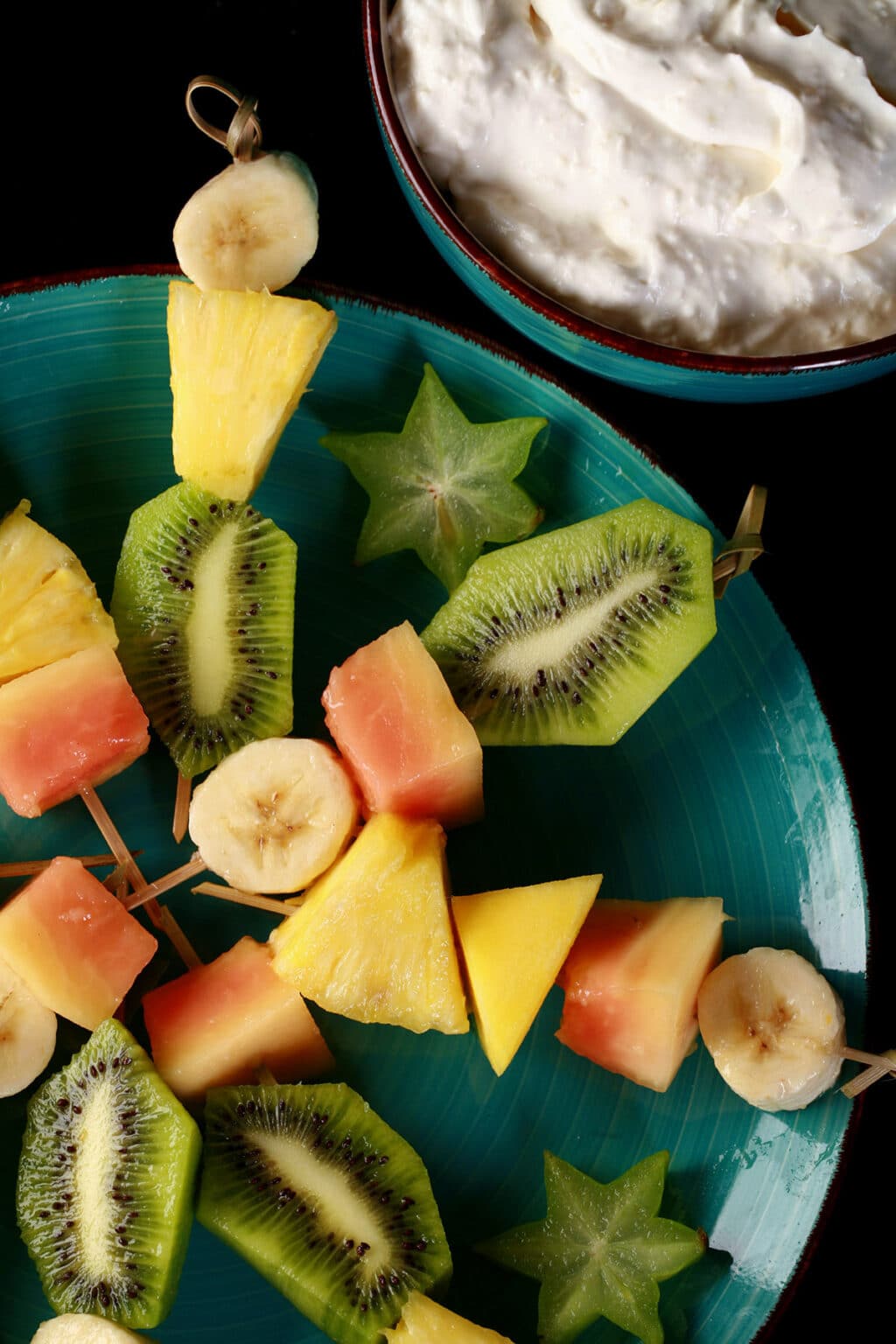 Tropical Fruit Skewers with Quick Pina Colada Dip - Beyond Flour