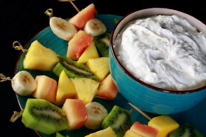 Tropical Fruit Skewers with Quick Pina Colada Dip - Beyond Flour