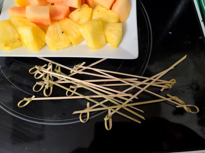 Tropical Fruit Skewers with Quick Pina Colada Dip - Beyond Flour