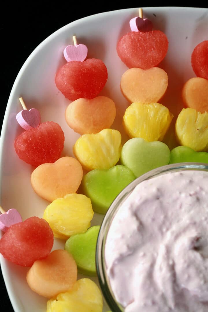 Heart Fruit Skewers & Raspberry Cheesecake Dip - Beyond Flour